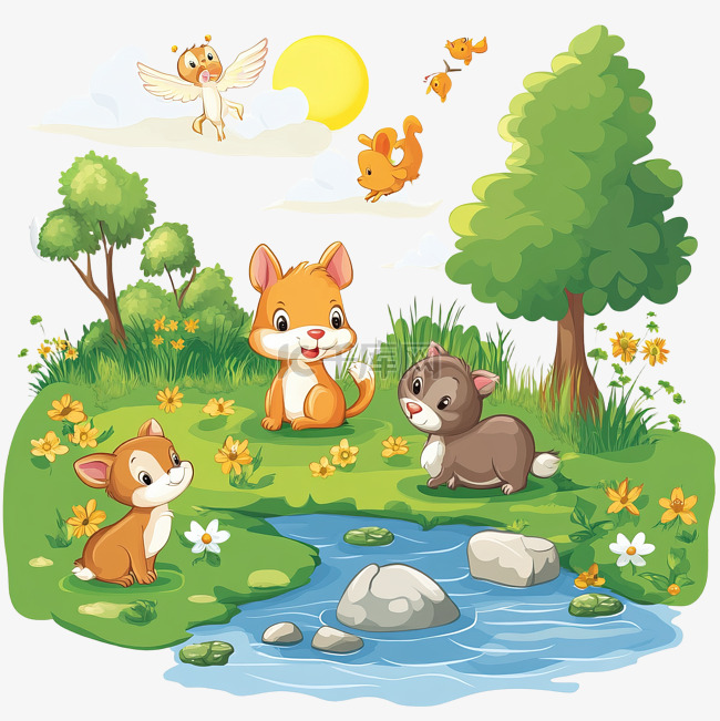 河边草地上玩耍的野生动物动画片素材图片免费下载-千库网