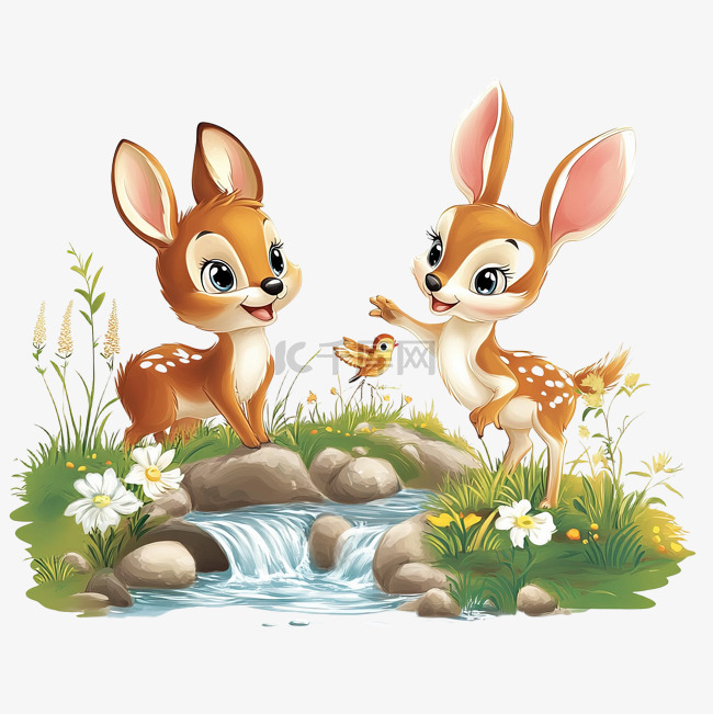 河边草地上玩耍的野生动物动画片素材图片免费下载-千库网