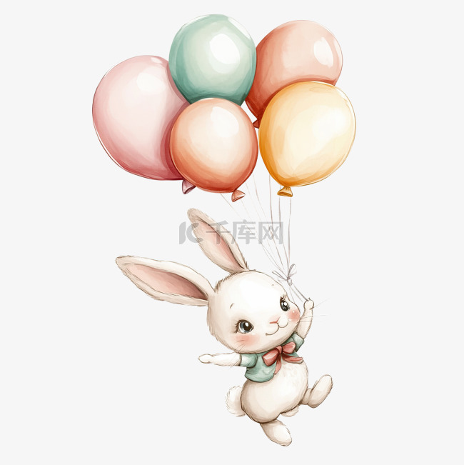 卡通可爱的兔子与气球飞翔素材图片免费下载-千库网