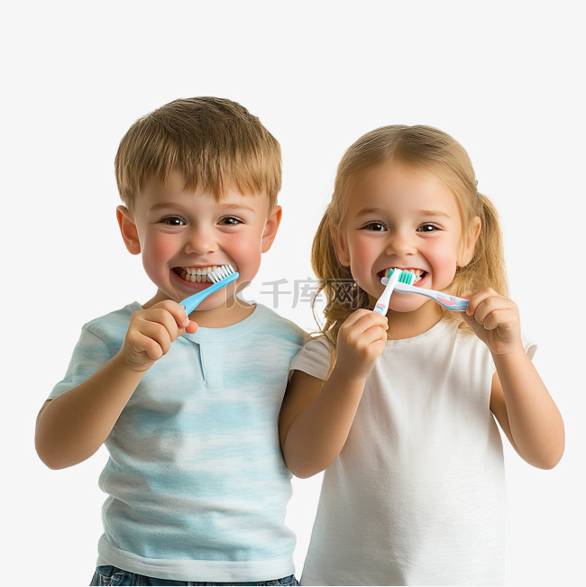 可爱的小男孩和小女孩用牙膏和牙刷刷牙素材图片免费下载-千库网