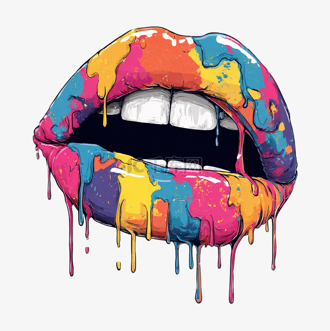融化的光泽半张的嘴唇嘴里有牙齿和滴落的油漆流行艺术风格素材图片免费下载-千库网