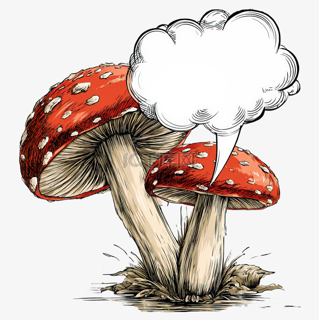 漫画风格的卡通蘑菇、孢子云和语音泡泡素材图片免费下载-千库网