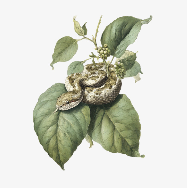 蛇缠绕在树叶上的插图素材图片免费下载-千库网