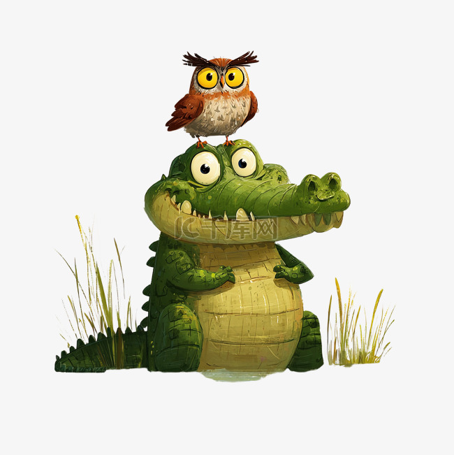 沼泽林地动物动画片中有趣的鳄鱼和猫头鹰素材图片免费下载-千库网