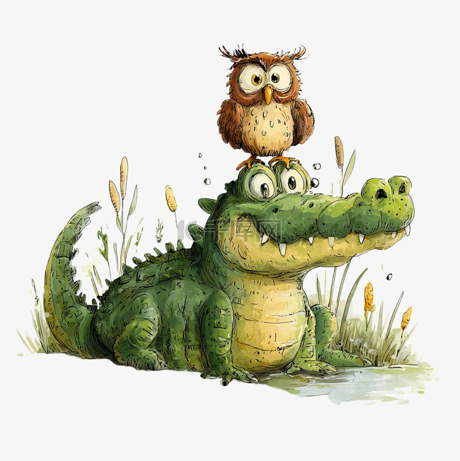 沼泽林地动物动画片中有趣的鳄鱼和猫头鹰素材图片免费下载-千库网