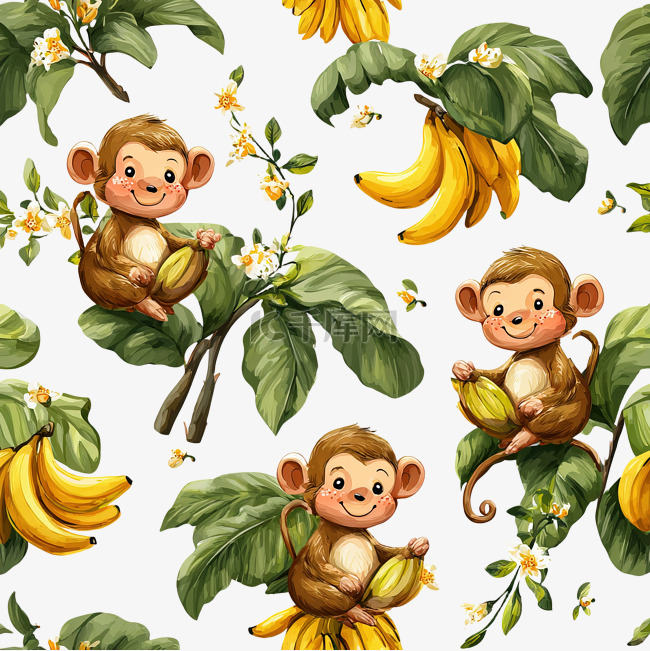 有趣的猴子卡通与香蕉和香蕉树的无缝图案素材图片免费下载-千库网