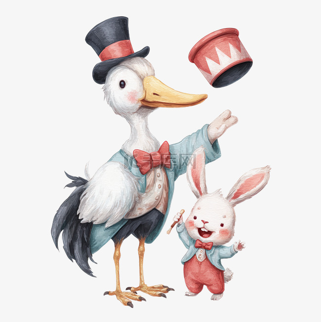 魔术表演中的鹤和兔子动物动画片素材图片免费下载-千库网