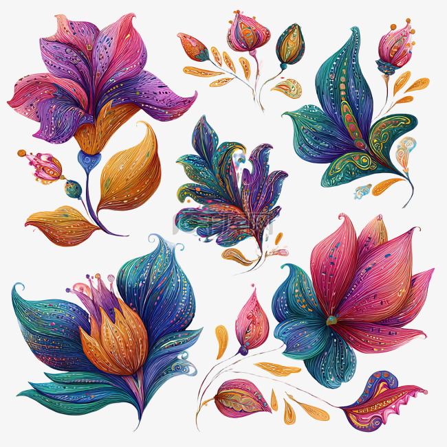 彩色绘图异国花卉元素集素材图片免费下载-千库网