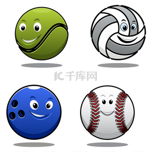 一组四个卡通运动球，包括网球、排球、板球和带笑脸的碗素材图片免费下载-千库网