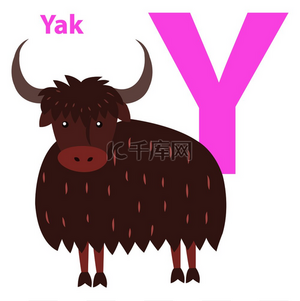 字母 Y 的字母表矢量插图与毛茸茸的牦牛与孤立的白色背景上的大角。素材图片免费下载-千库网