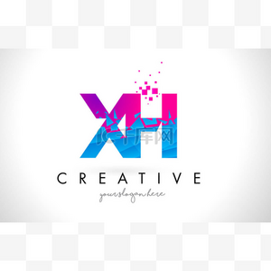 Xh X H 字母徽标与粉碎破碎蓝色粉红色纹理设计素材图片免费下载-千库网