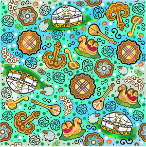 东方, 亚洲, 史诗, 儿童版画, 欢快的版画, dombra, kobyz, 骆驼, 蒙古包, 哈萨克图案, 童话, 羊肉, 羊肉, 哈萨克 ...