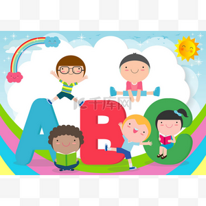 卡通儿童与Abc字母，学校孩子与Abc，儿童与Abc字母，矢量插图素材图片免费下载-千库网