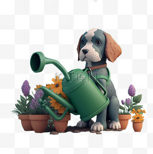 狗盆栽花朵浇水黏土立体素材图片免费下载-千库网
