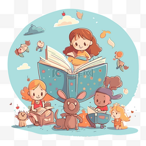 孩子们读一本充满卡通动物的书的故事时间剪贴画卡通 向量素材图片免费下载-千库网
