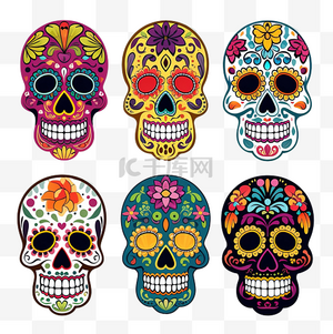 万圣节可爱糖头骨贴纸套装 dia de muertos 矢量插画素材图片免费下载-千库网
