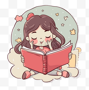 卡通女孩阅读并享受从平板电脑或智能手机剪贴画中阅读电子书 向量素材图片免费下载-千库网