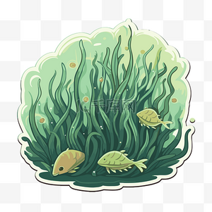 以沙剪贴画中的鱼和草植物为特色的贴纸 向量素材图片免费下载-千库网