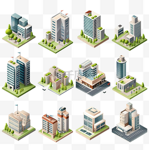 等距简单建筑3D通用风景收藏套装素材图片免费下载-千库网