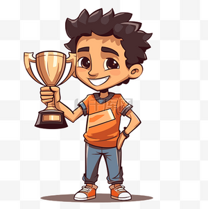 冠军剪贴画卡通男孩举着奖杯在他面前 向量素材图片免费下载-千库网