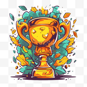冠军剪贴画金奖杯与叶子在比赛奖杯卡通矢量插图中素材图片免费下载-千库网