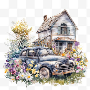 老车与房子和鲜花的艺术绘画素材图片免费下载-千库网