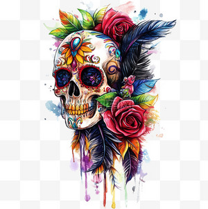 带羽毛和玫瑰的彩色头骨艺术作品素材图片免费下载-千库网