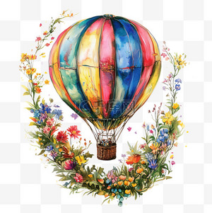 自然绘画彩色热气球与花卉环境素材图片免费下载-千库网