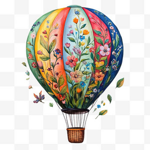 自然绘画彩色热气球与花卉环境素材图片免费下载-千库网