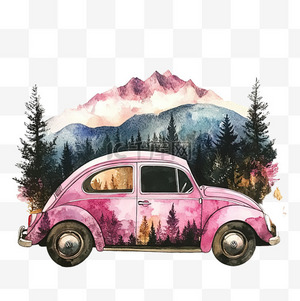 粉色大众甲壳虫与树木和山脉的水彩画素材图片免费下载-千库网