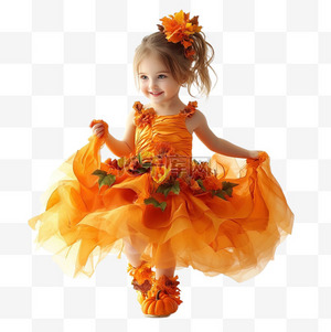 小女孩穿着橙色南瓜连衣裙庆祝秋天素材图片免费下载-千库网
