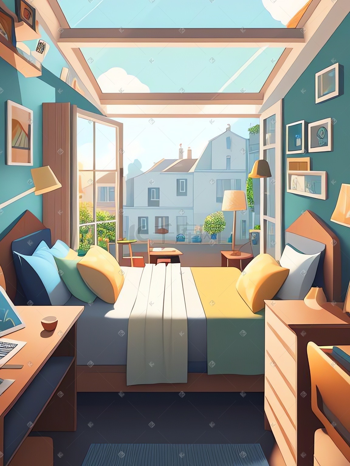 水墨卧室插画-水墨卧室配图-千库网