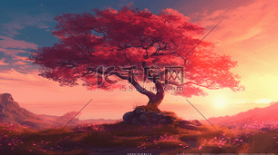 美丽的桃树数字艺术插画图片-千库网