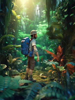 一位探险家背包在热带雨林中探险15插画图片-千库网