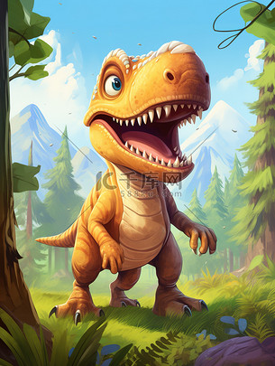 霸王龙骨骼插画-手绘插画-国潮风2.5D-卡通动漫-插画海报设计素材下载-千库网