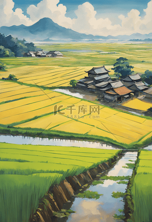 水稻田天空云风景中国画写实插画图片-千库网