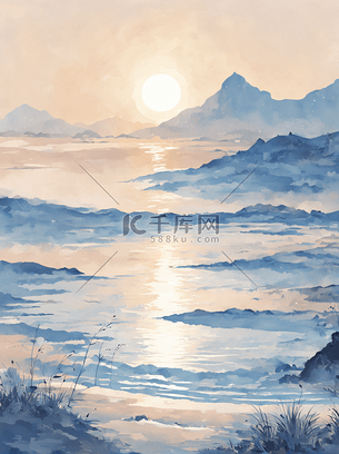 海滩天空云彩蓝色日出唯美插画图片-千库网