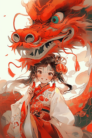 龙年女孩古典手绘新年插画图片-千库网