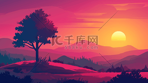 彩色夕阳下山风景15插画图片-千库网