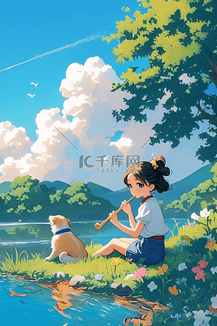 夏季手绘河边女孩笛子海报插画图片-千库网