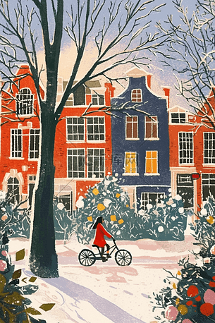 城市街道雪天冬天唯美插画图片-千库网