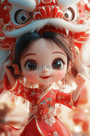 可爱女孩3d立体新年海报插画图片-千库网
