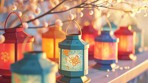 手绘树挂彩色灯笼简约唯美1插画图片-千库网