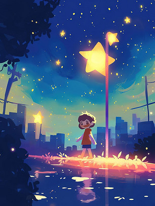 孩子走在星星照亮的灯柱插画图片-千库网