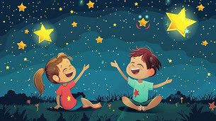 草地上观赏夜空星星的两个小孩插画图片-千库网