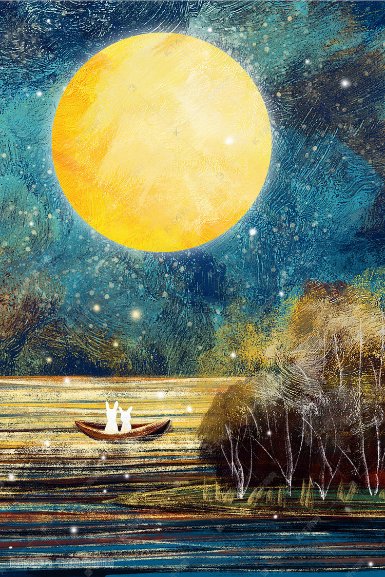 鲜艳色彩之月圆之夜风景插画图片-千库网