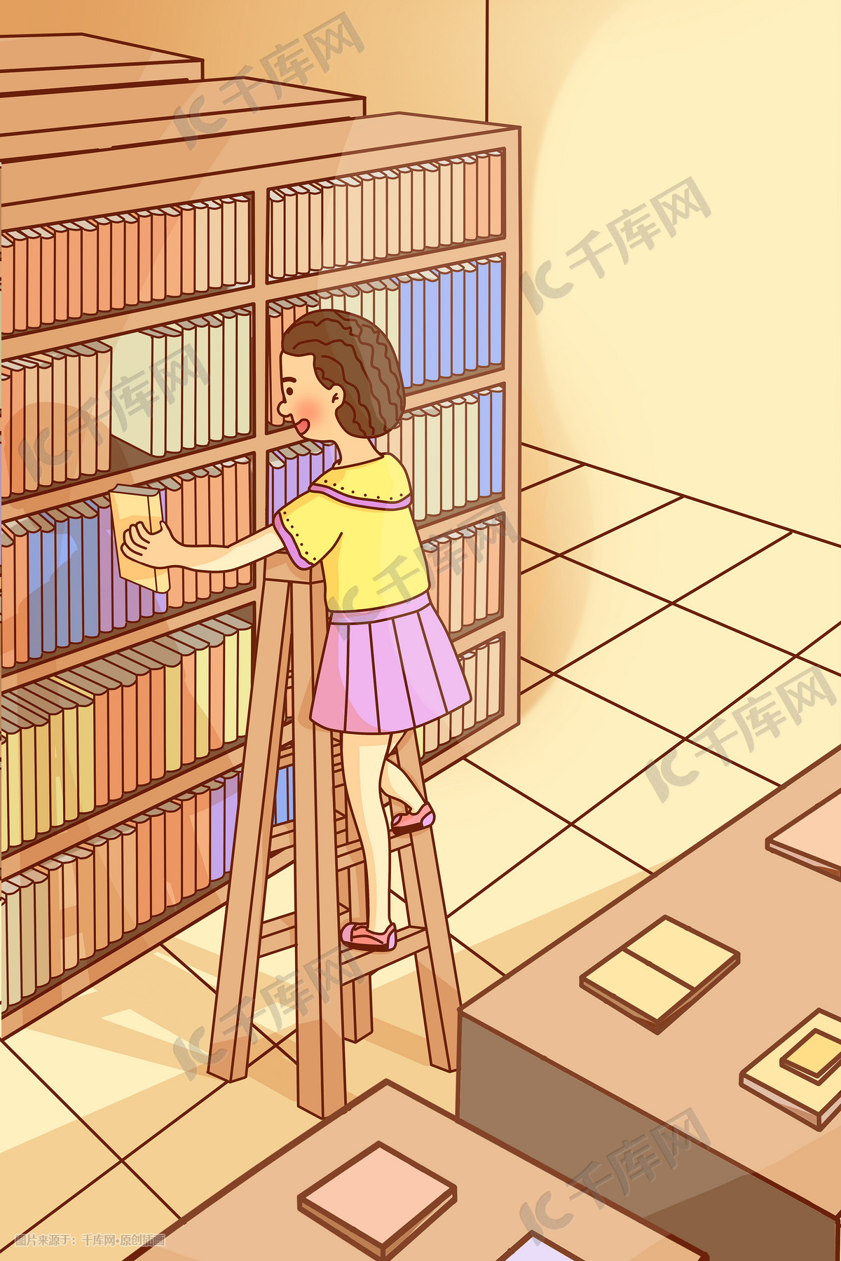 校园生活校园图书馆借书暖色温馨可爱卡通插画图片-千库网