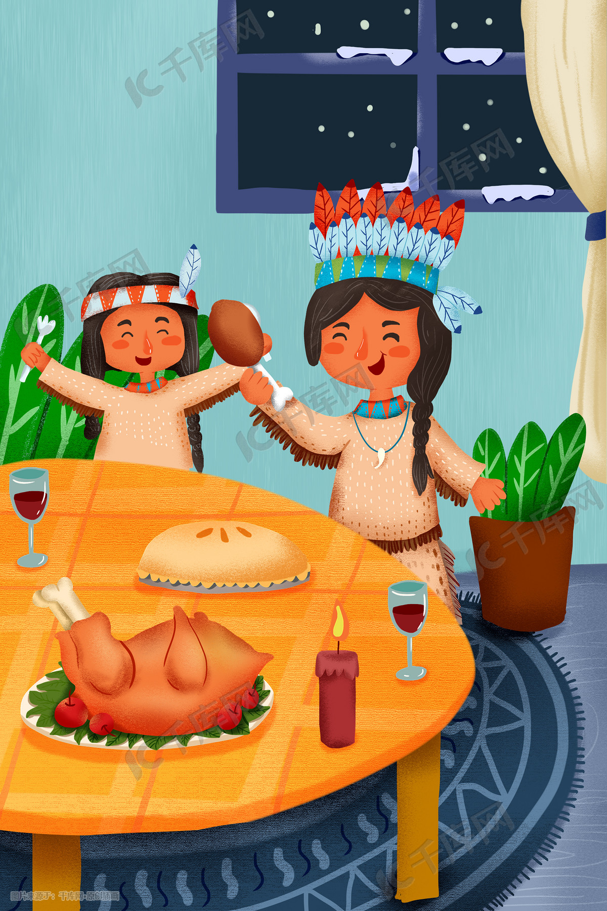 卡通可爱印第安人过感恩节插画图片-千库网