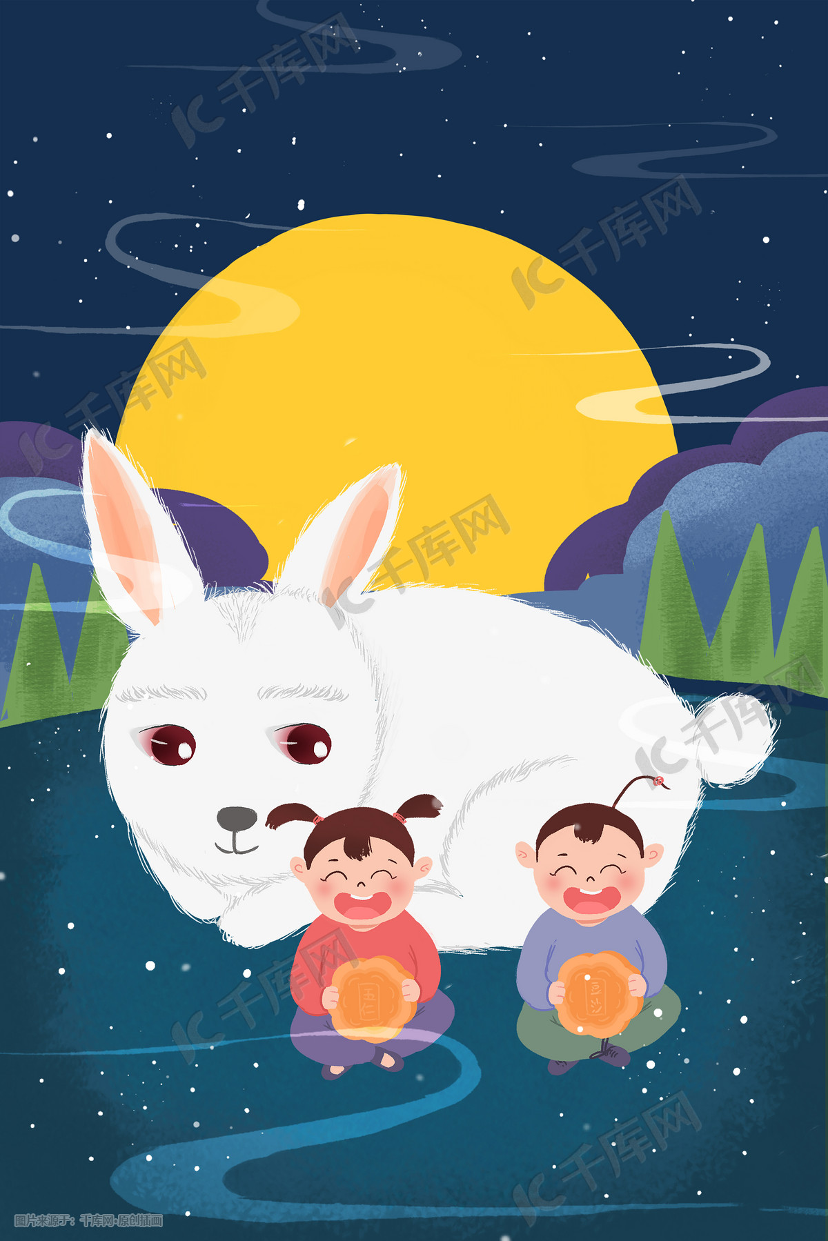 卡通中秋节兔子吃月饼中秋插画图片-千库网