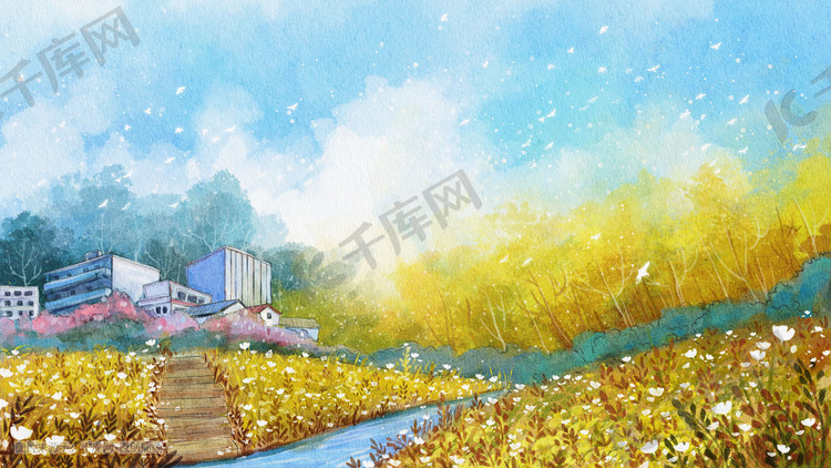 水彩立秋秋天景色风景插画图片-千库网